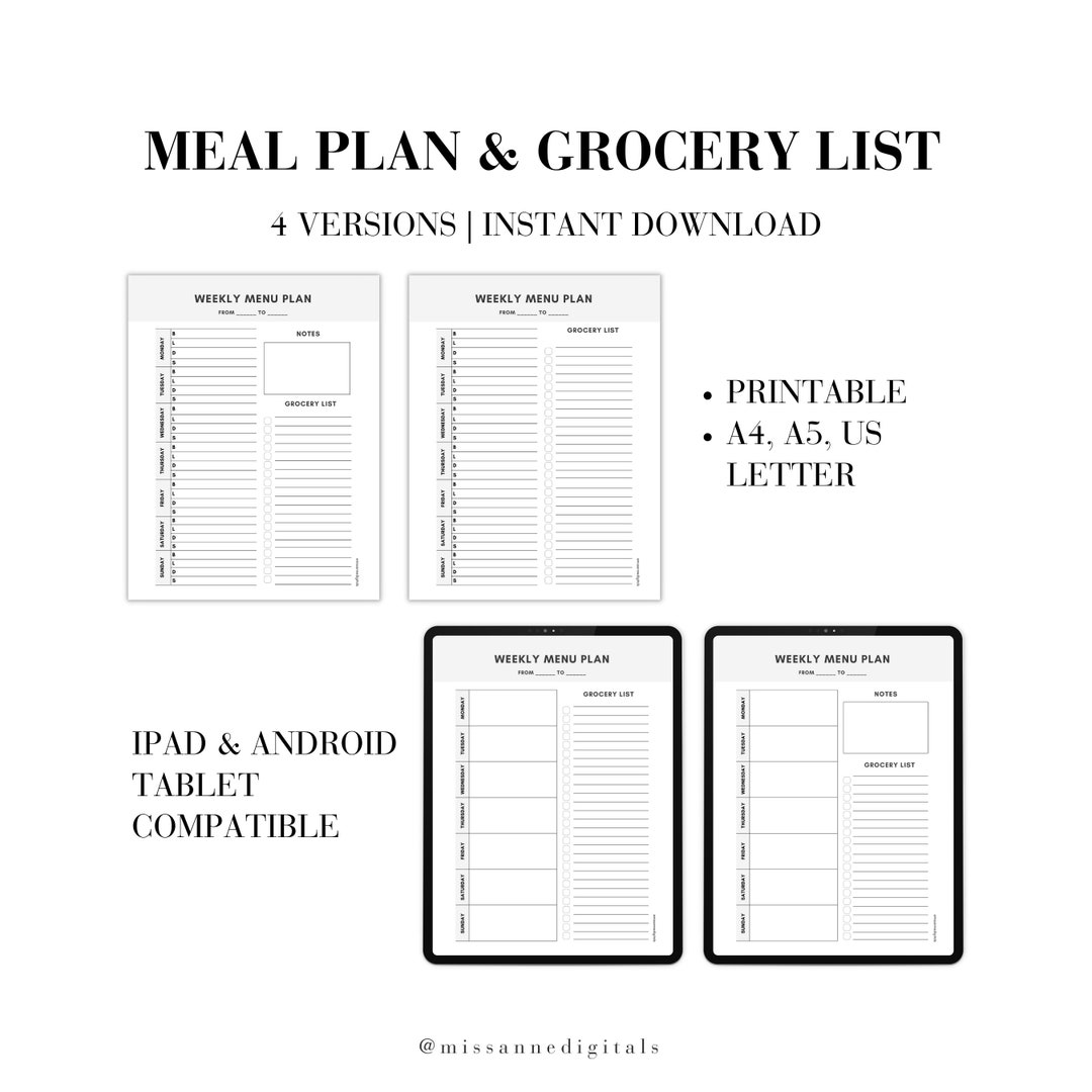 Weekly Meal Plan With Grocery List Template in 4 Versions Instant ...