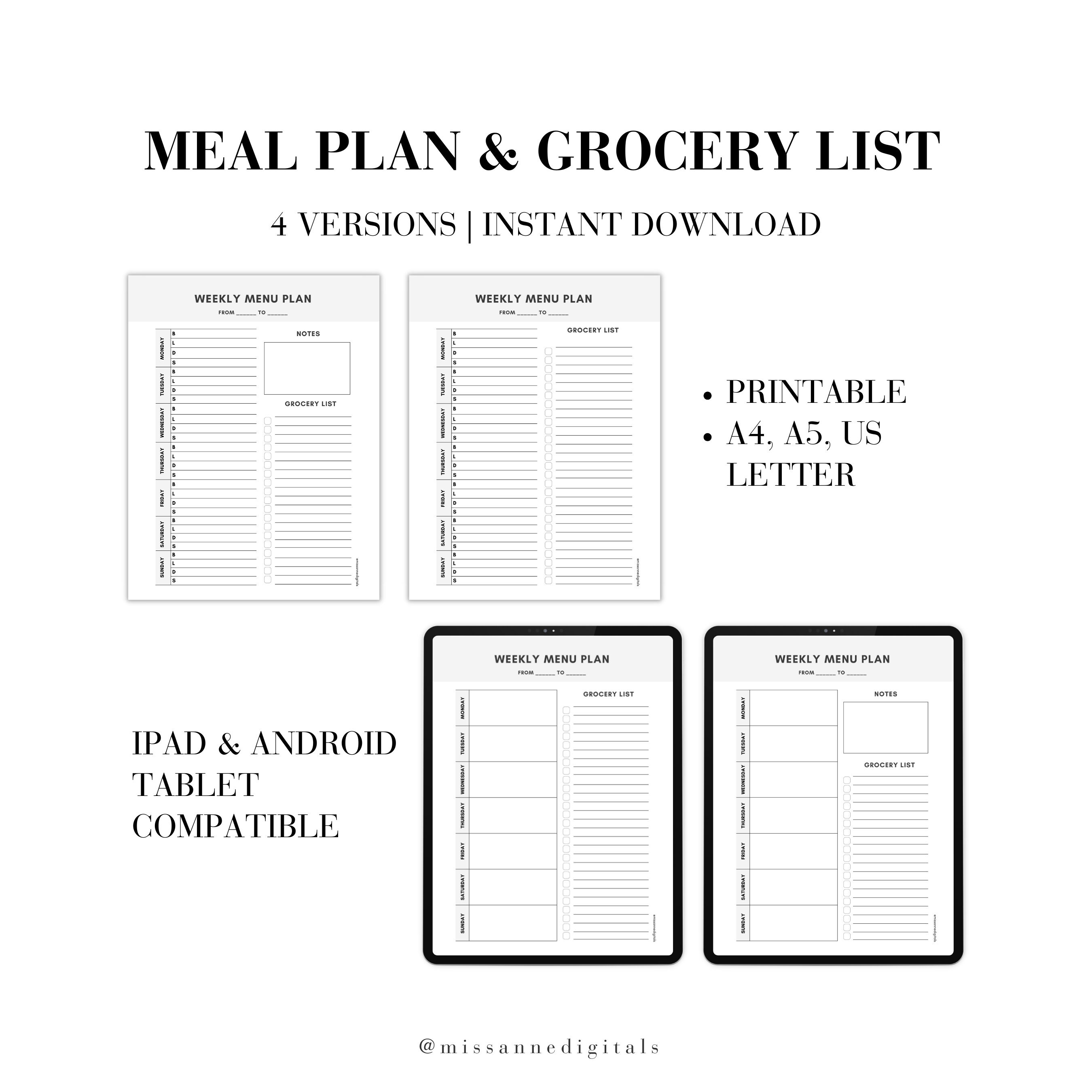Weekly Meal Plan With Grocery List Template in 4 Versions Instant ...