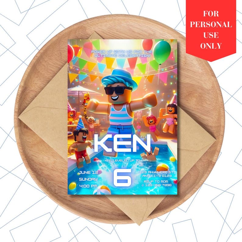 Roblox Pool Party Birthday Invitation Gamer Party Invite Roblox Boy ...