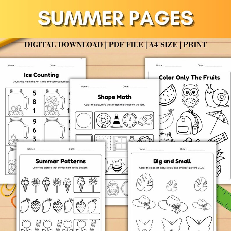 Printable Summer Worksheets: Kids Activities, Preschool Learning (PDF ...