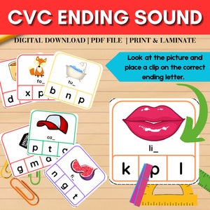 CVC Ending Sounds Clip Card Montessori Reading Phonics Card for ...