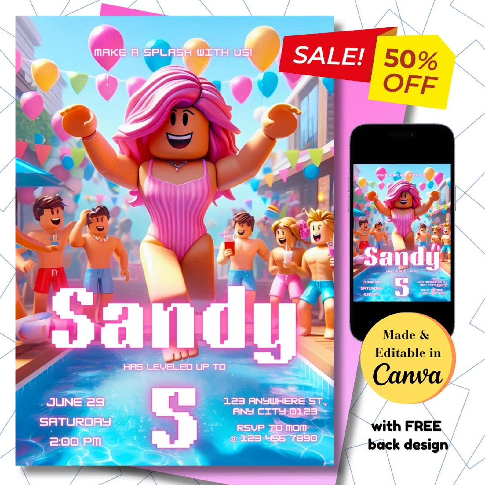 Roblox Pool Party Birthday Invitation: Gamer Theme (digital Download ...