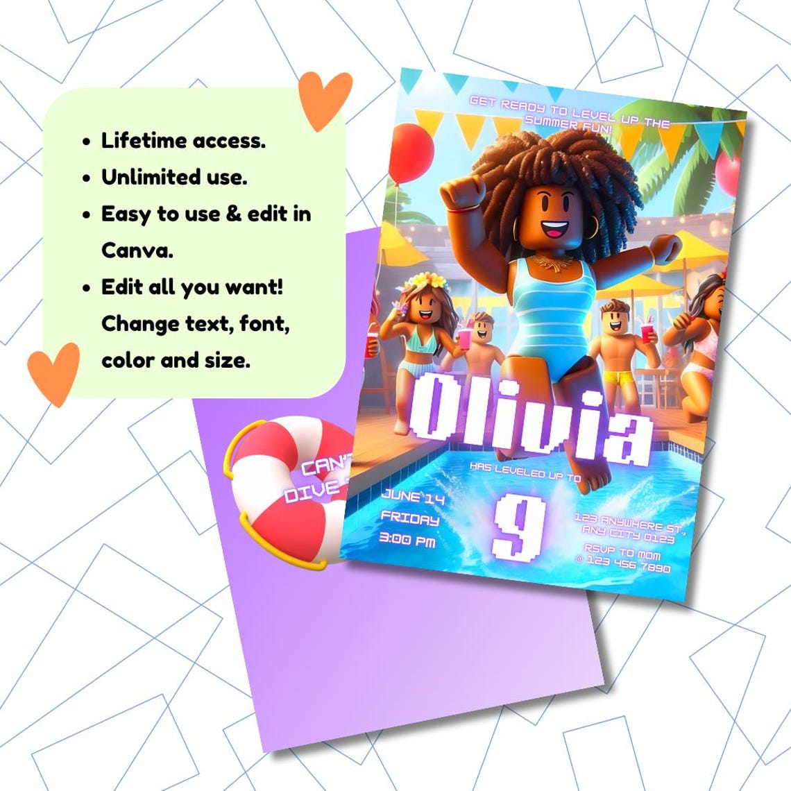 Roblox Pool Party Birthday Invitation Gamer Party Invite Roblox Girl ...