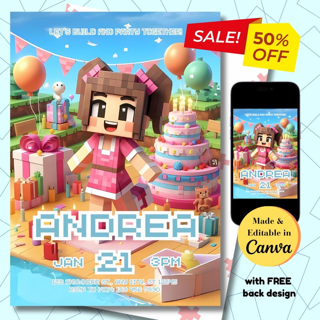 Minecrafter Birthday Invitation Editable Minecrafter Birthday ...