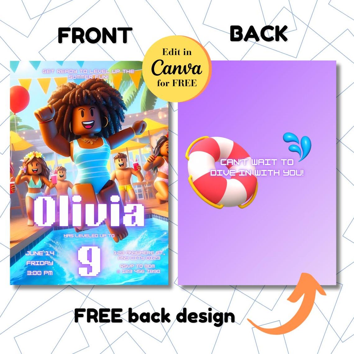 Roblox Pool Party Birthday Invitation Gamer Party Invite Roblox Girl ...