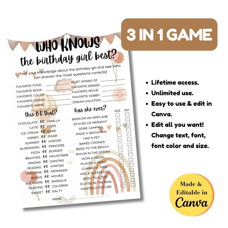 Who Knows the Birthday Girl Best Birthday Activity Birthday Party Game ...