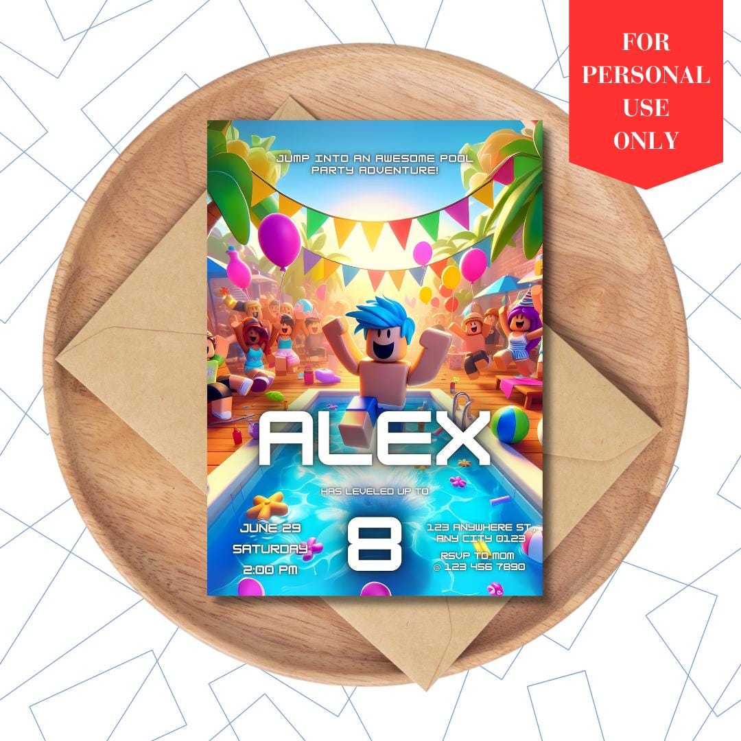 Roblox Pool Party Birthday Invitation Gamer Party Invite Roblox Boy ...