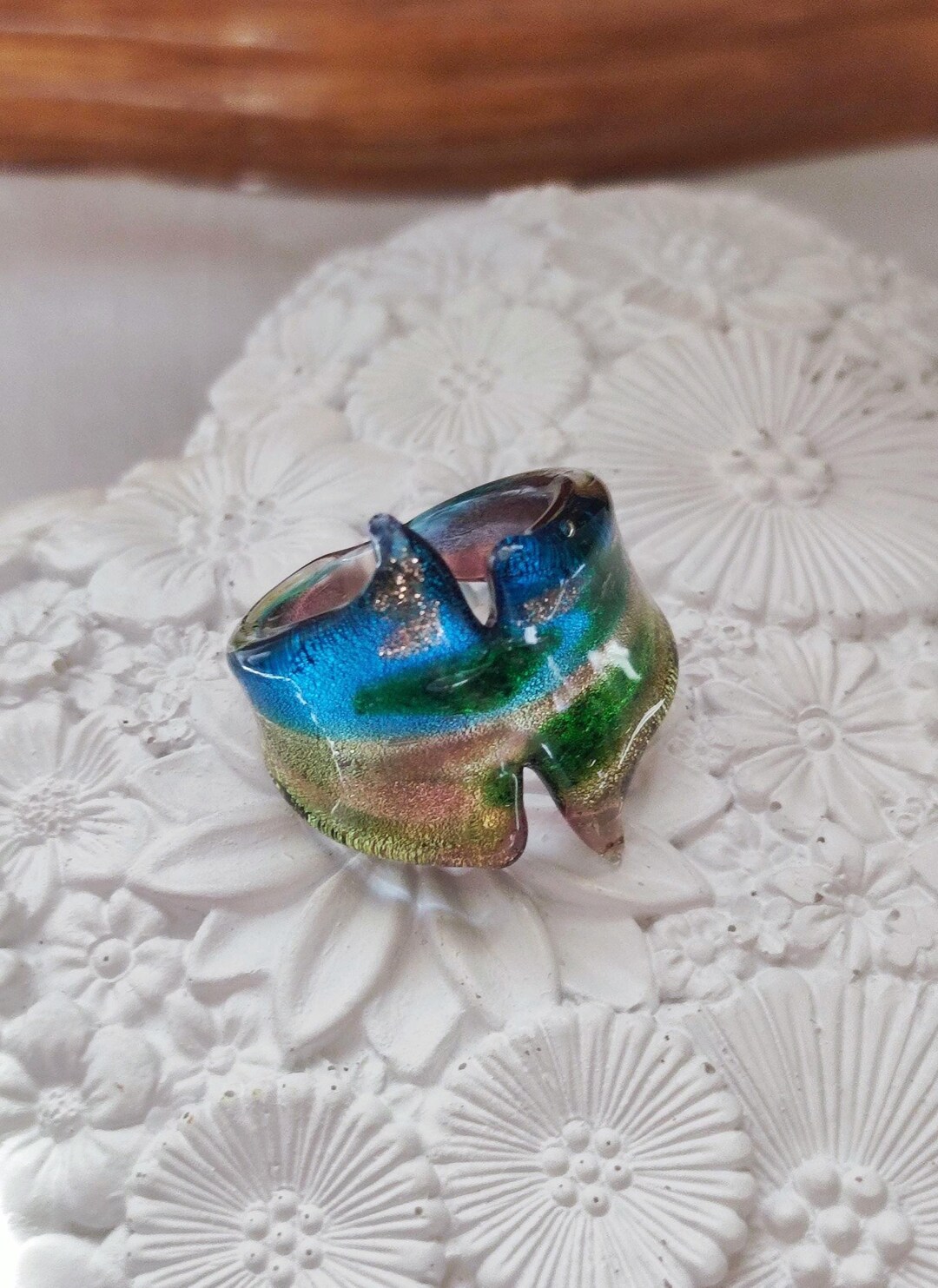 Murano Art Glass Ring, Emerald Turquoise Gold, Size 7 - Etsy