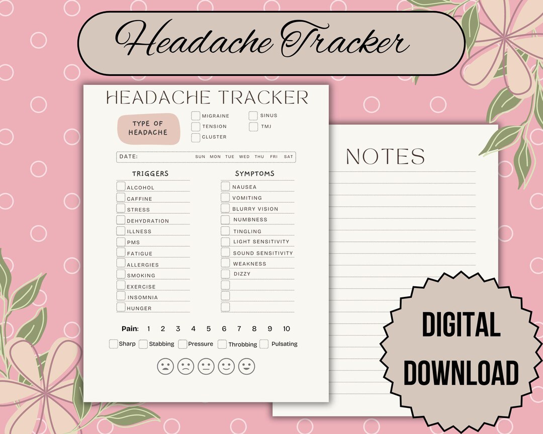 Digital Printable Headache Tracker, Migraine Cluster Tension Headaches ...