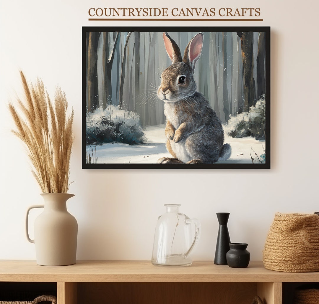 Printable Winter Painting Depicts Rabbit Sitting in the Snow With Trees ...