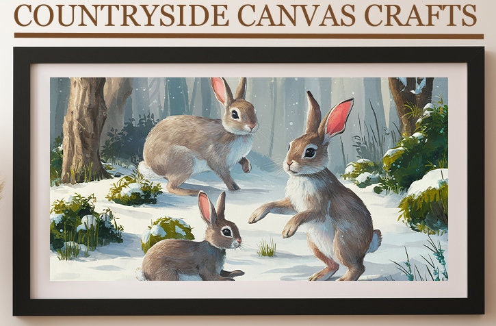 Printable Winter Painting Depicts Rabbits Playing in the Snow With ...