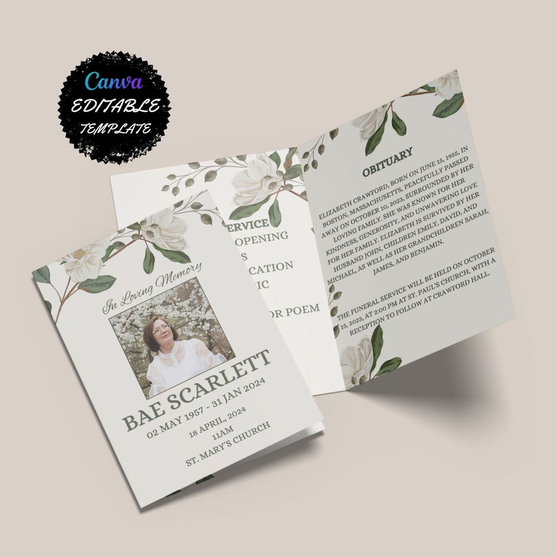 Editable Funeral Program Template, Design on Canva Editable, Instant ...