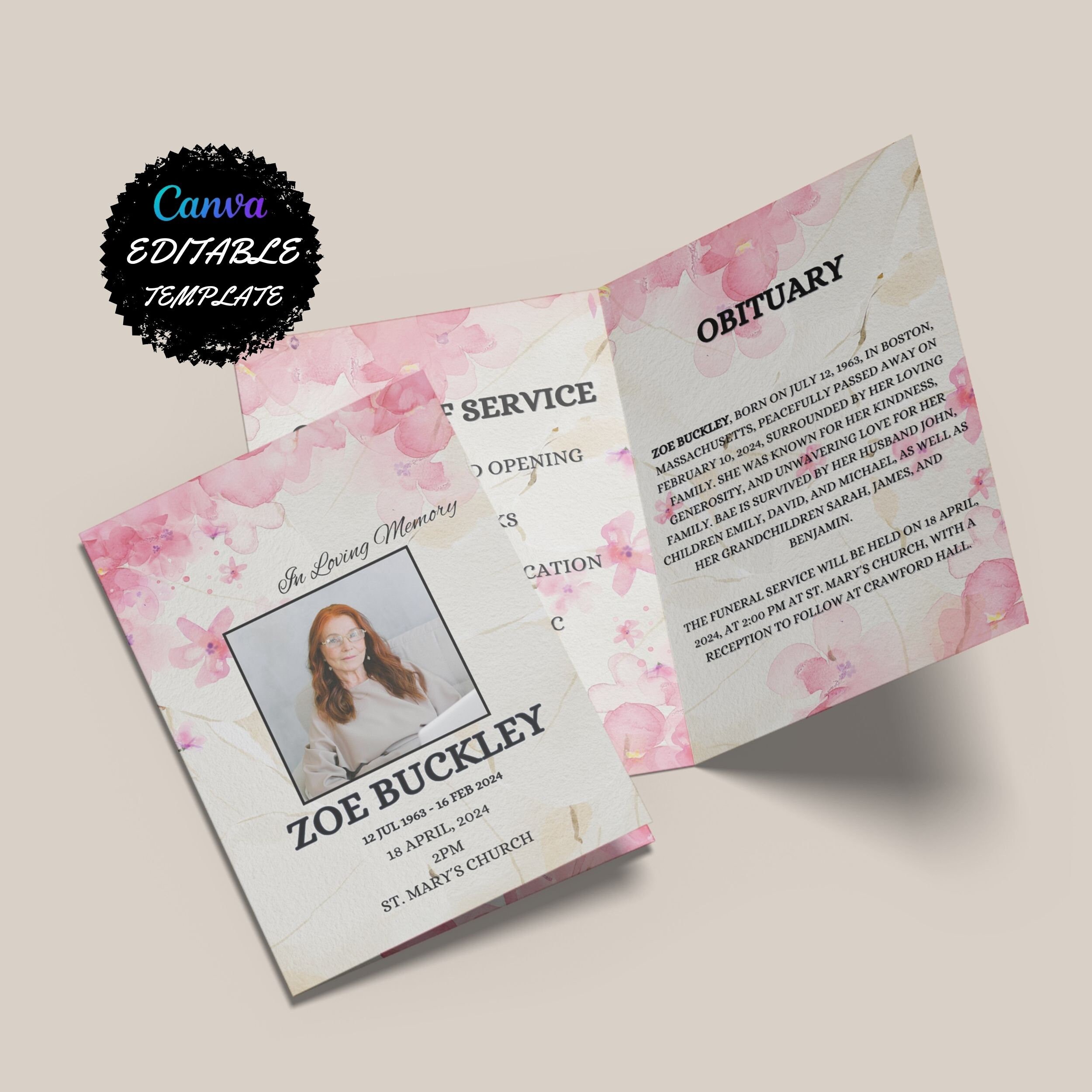Editable Funeral Program Template, Design on Canva Editable, Instant ...