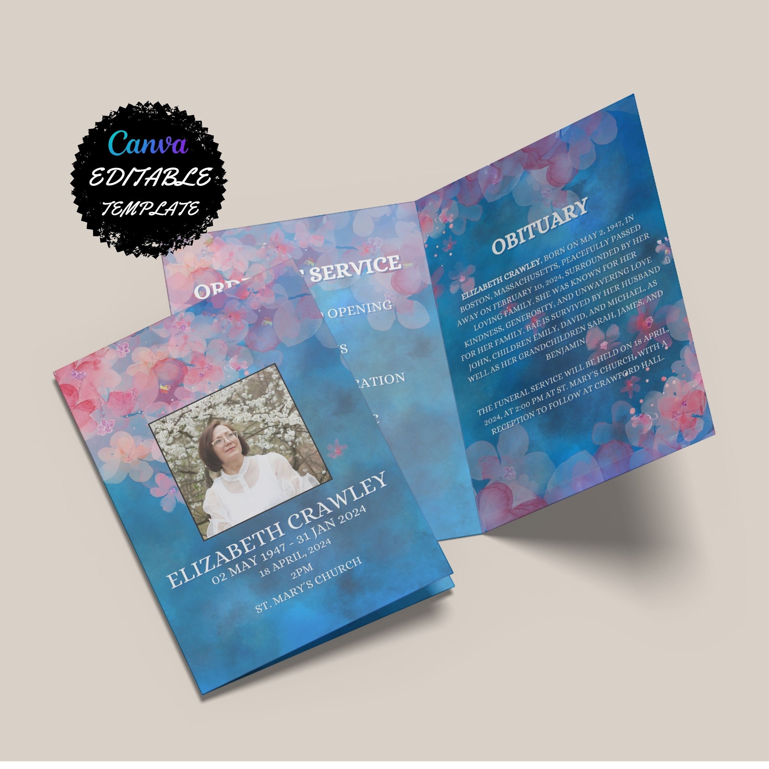 Editable Funeral Program Template, Design on Canva Editable, Instant ...