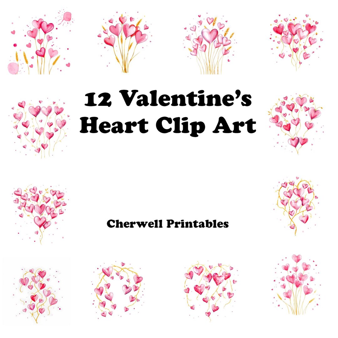 12 Valentine Day Hearts Clipart, Hearts and Vines, Valentine Printable ...