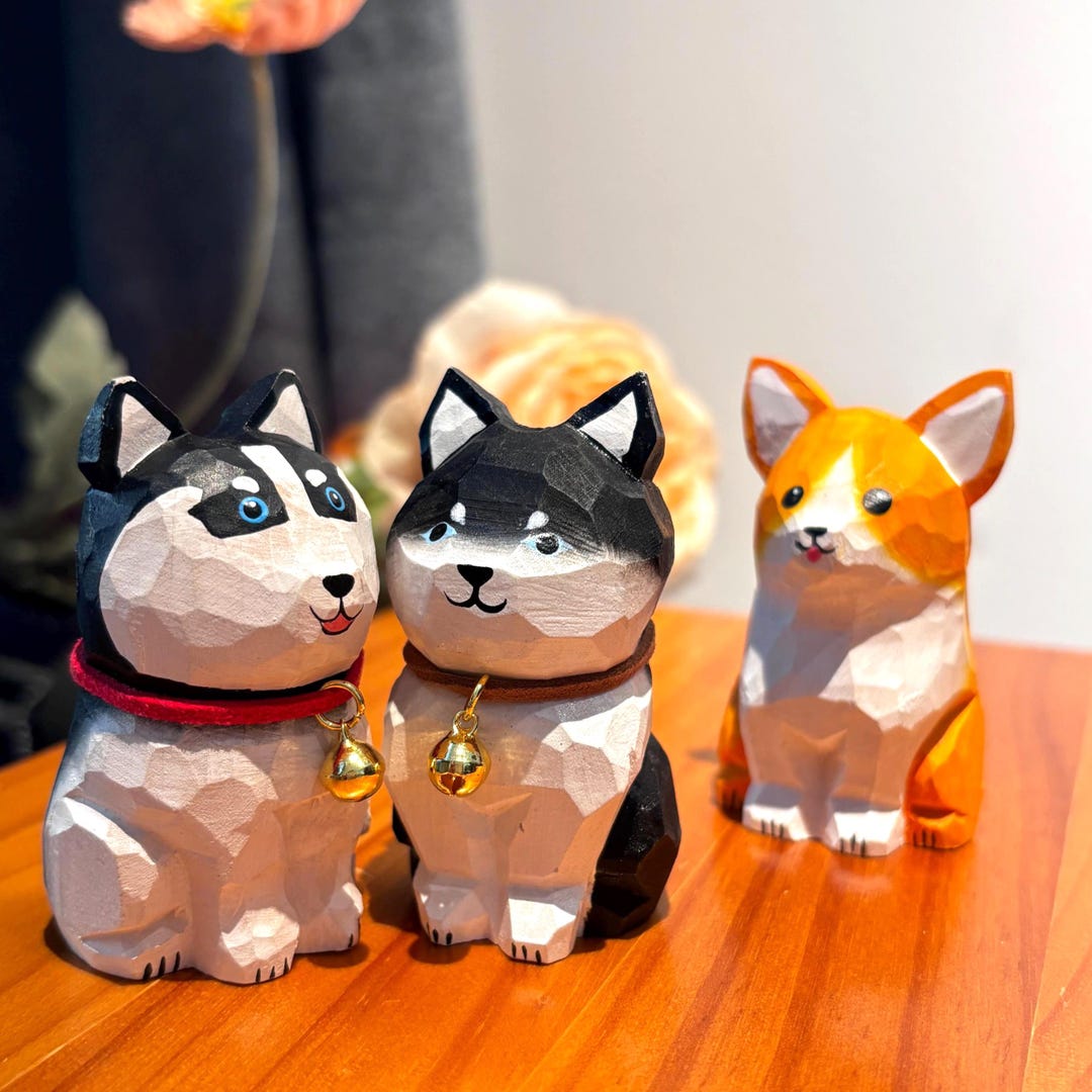 Handmade Wooden Husky Puppy Figurine,hand-carved Wood Puppy Figurines ...