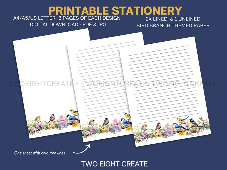 Bird Branch Themed Printable Letter Paper, Printable Stationery, Lined ...