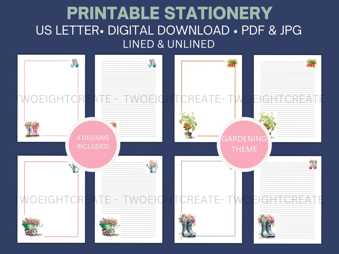 Gardening Themed Printable Letter Paper, Printable Stationery, Lined ...