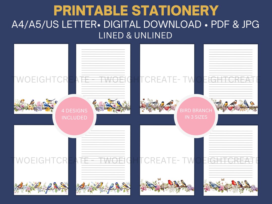 Bird Branch Themed Printable Letter Paper, Printable Stationery, Lined ...