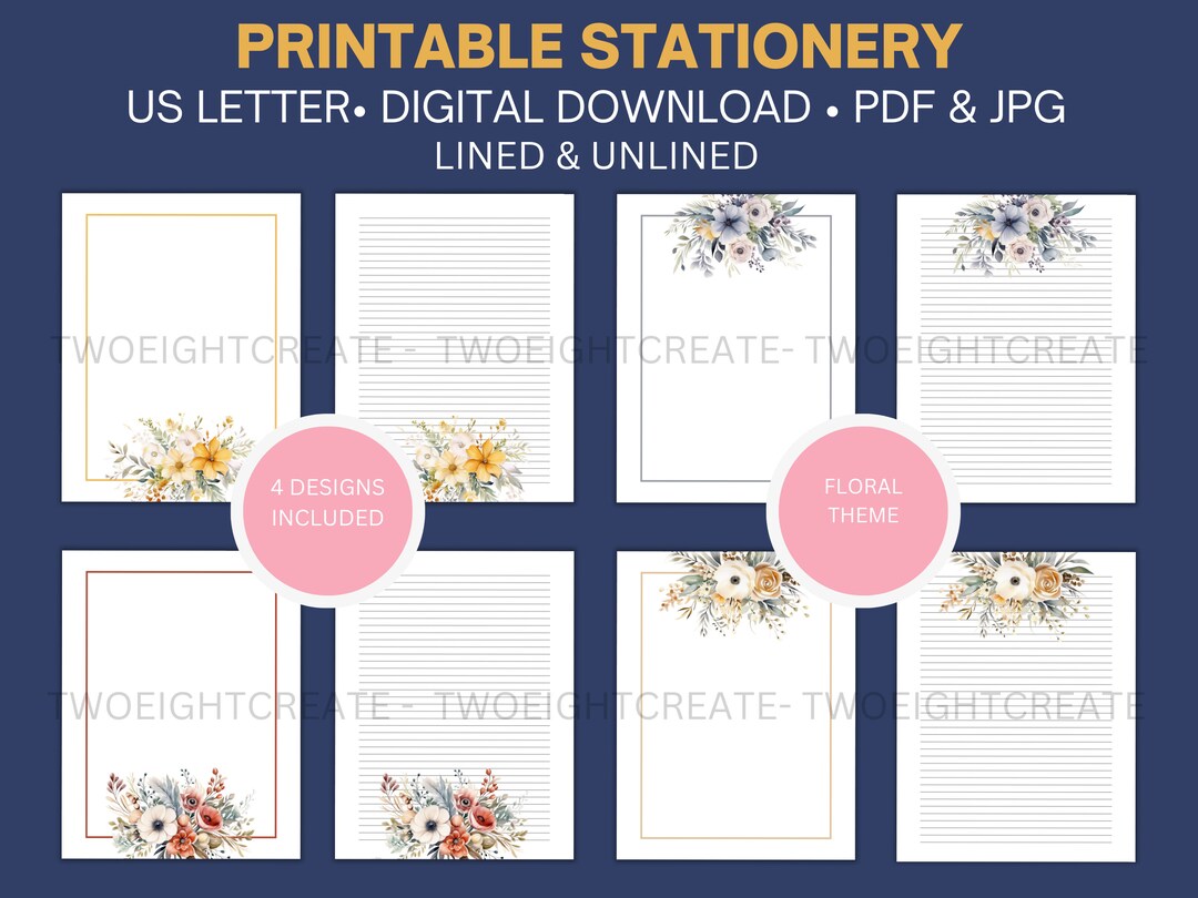Floral Themed Printable Letter Paper, Printable Stationery, Lined and ...