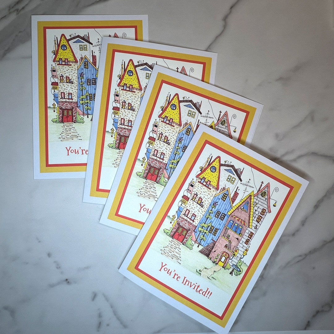 Set of 4 Whimsical Invitation Note Cards, Art Card, Blank Inside Cards ...