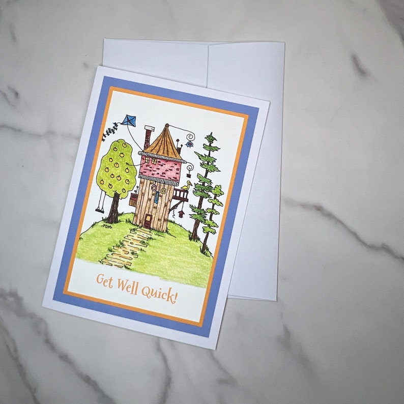 Set of 4 Whimsical House Get Well Note Cards, Art Card, Blank Inside ...