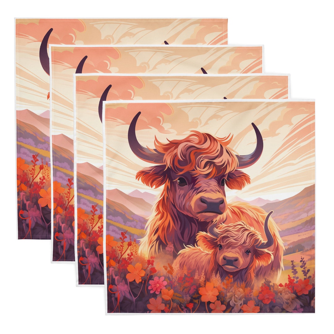 Adorable Highland Cow and Calf Cloth Napkins (set of 4), Cute Highland ...