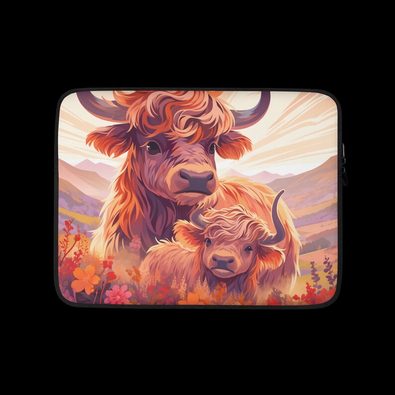 Cute Highland Cow Mother and Calf Laptop Sleeve, Cute MacBook Carrying ...