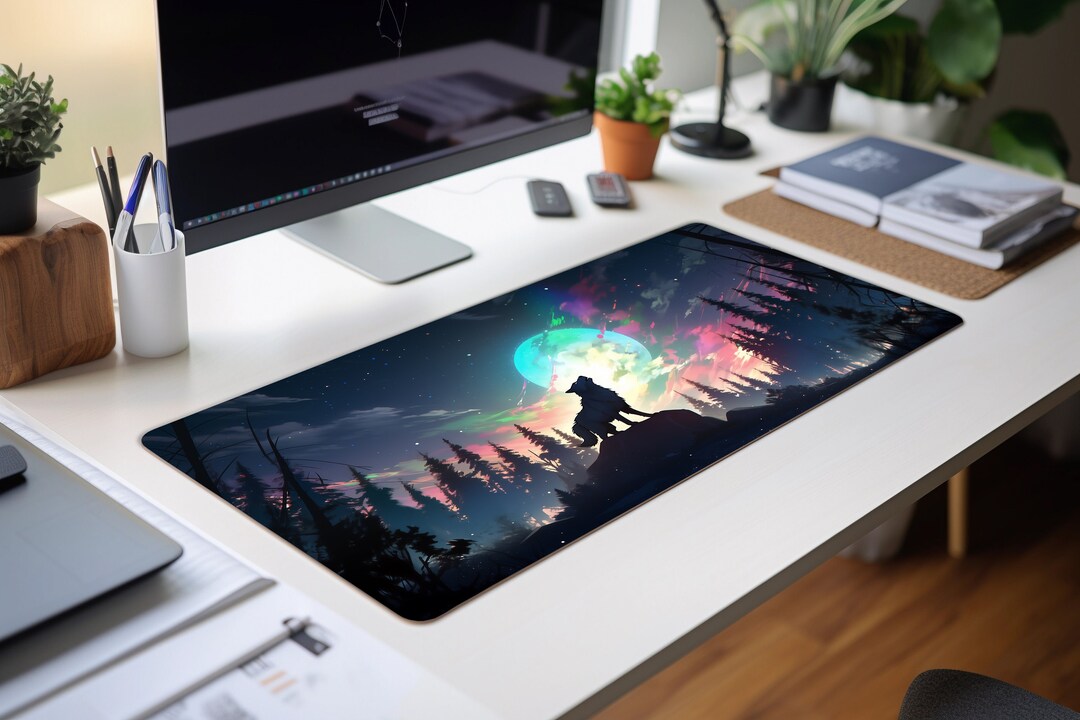 Large Wolf Howling at Full Moon Mousepad. Dark Forest and Northern ...