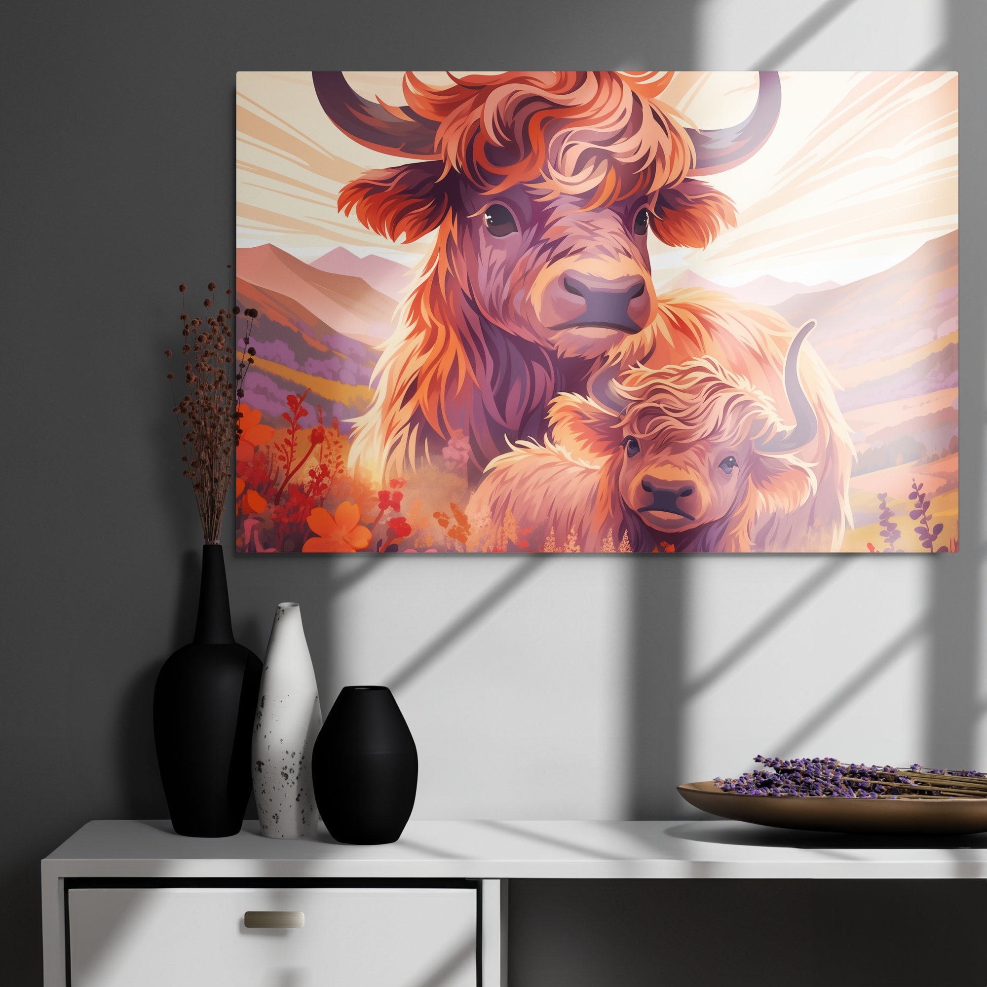Cute Highland Cow Mom and Calf Metal Print Poster. Cute Highland Cow ...