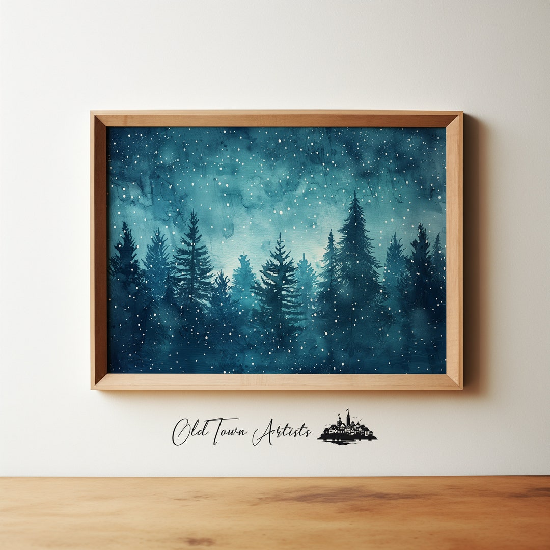 Winter Forest Night Watercolor Painting Print, Digital Art Poster ...