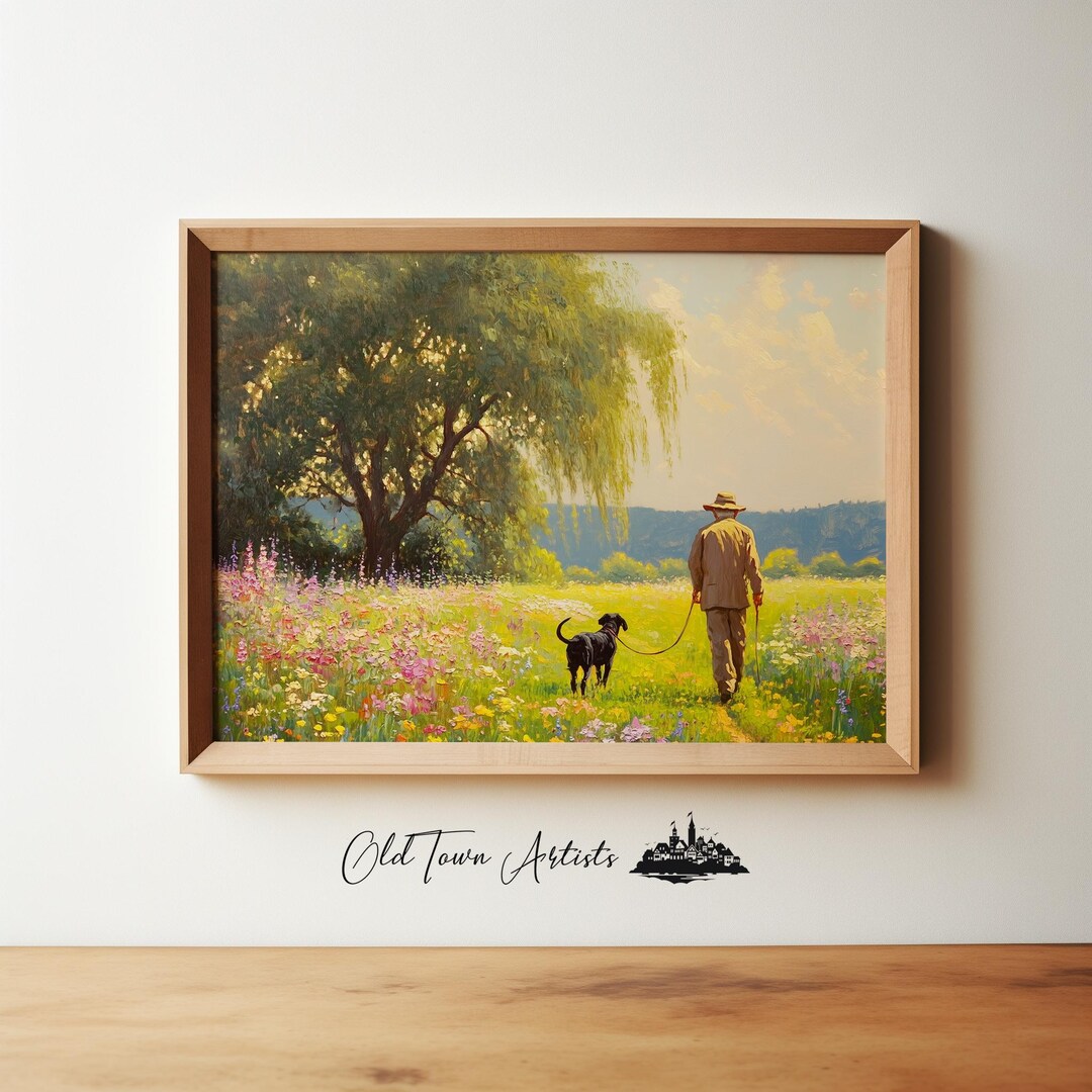 Rustic Old Man and Dog Art Print: Farmhouse Meadow Scene (digital ...