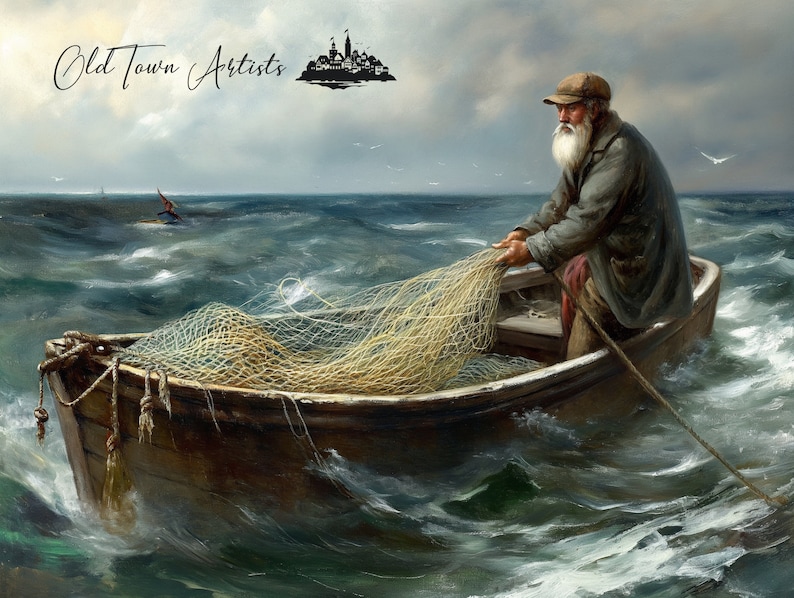Vintage Old Fisherman Oil Painting, Nautical Wall Art, Maritime Decor ...