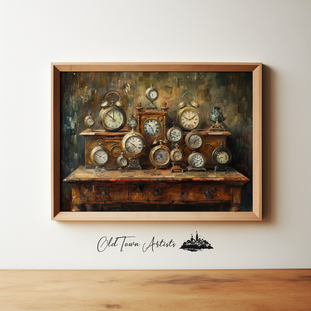 Broken Clocks Digital Art Print, Vintage Clocks Oil Painting Canvas ...