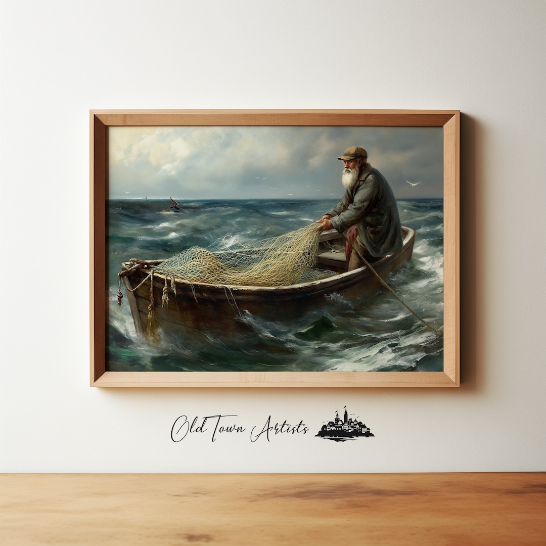 Vintage Old Fisherman Oil Painting, Nautical Wall Art, Maritime Decor ...