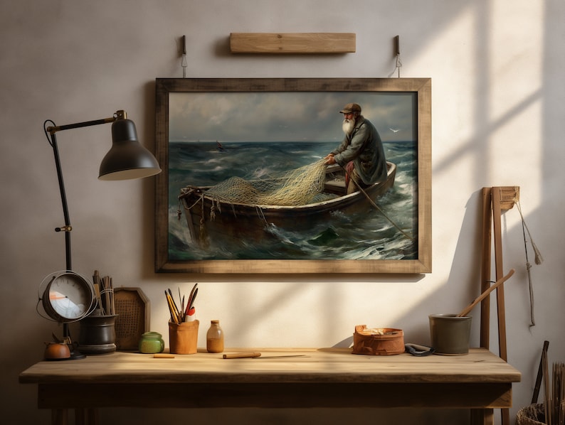 Vintage Old Fisherman Oil Painting, Nautical Wall Art, Maritime Decor ...