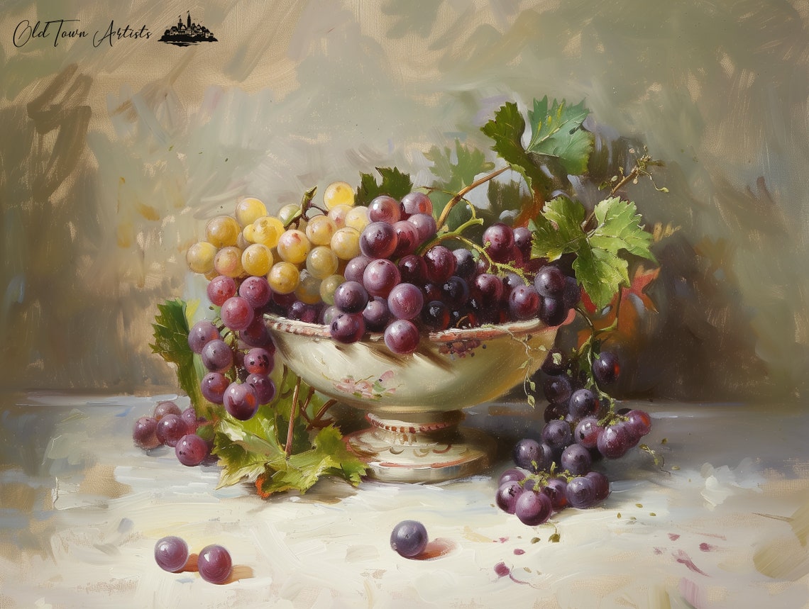 Grapes Still Life Oil Painting: Rustic Kitchen Art (digital Download ...