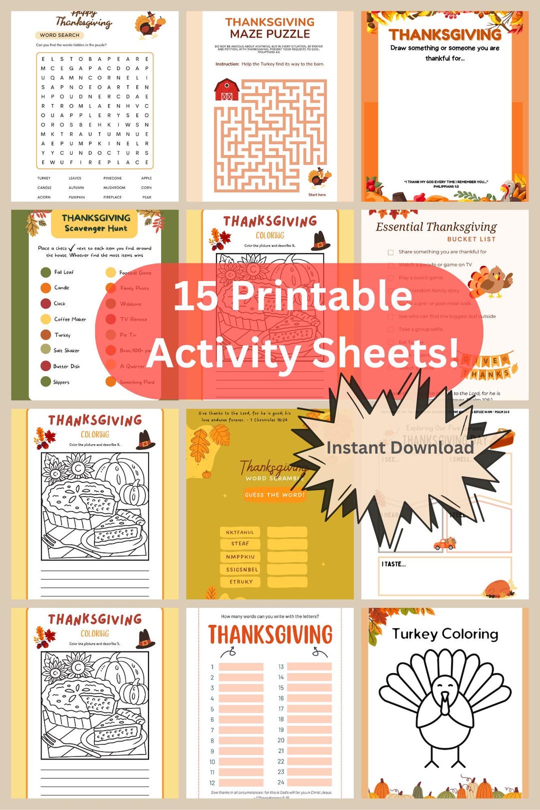 Thanksgiving Activity Pack, 15 Printable Worksheets With Gratitude ...