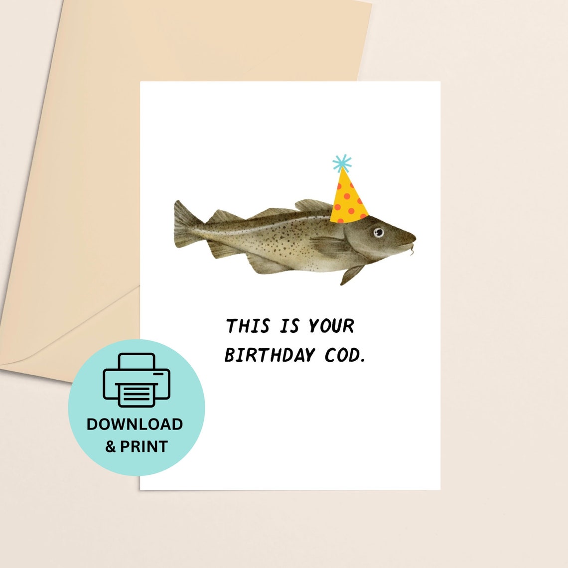 Happy Birthday Fish Card, Cod Fish Birthday Card, Printable Card, Cute ...