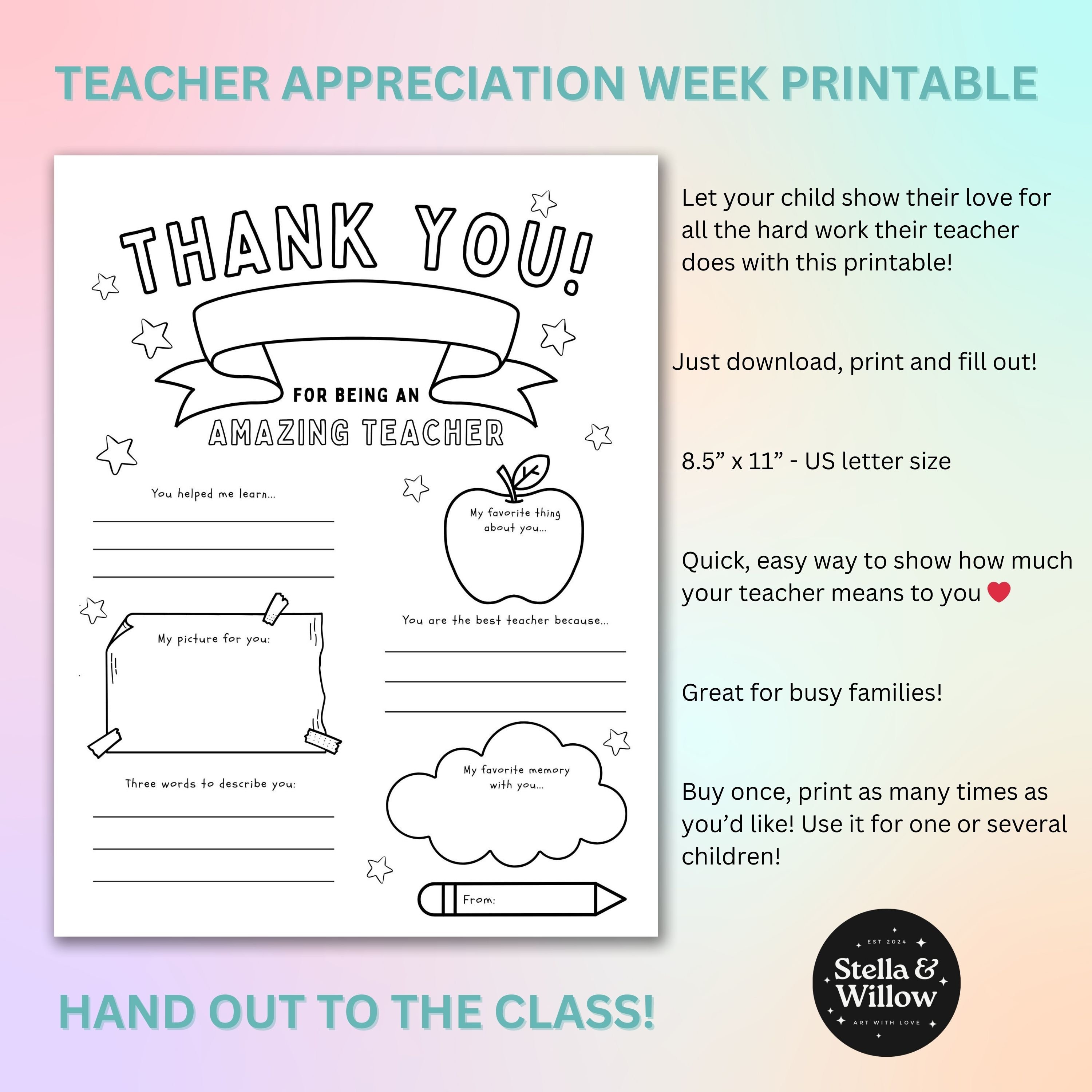 Teacher Appreciation Week, Digital Download, Teacher Thank You Card ...