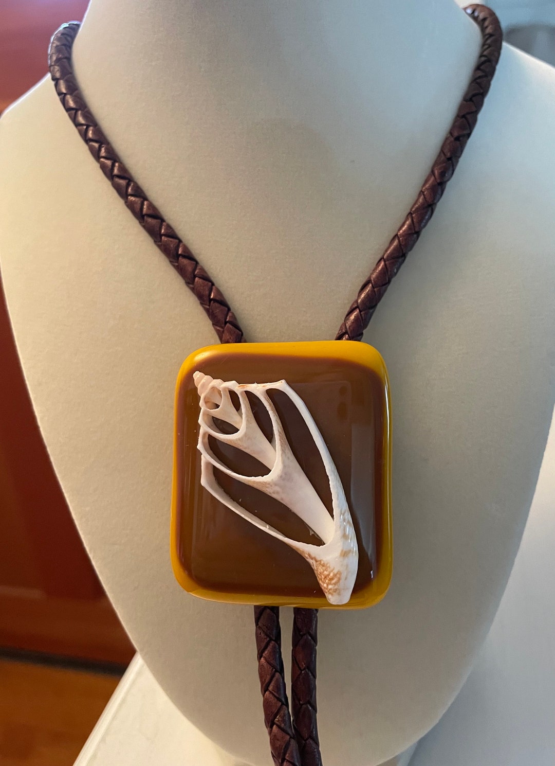 Shell Bolo! Small Shell Bolo With Brown and Orange Fused Glass, Adorned ...
