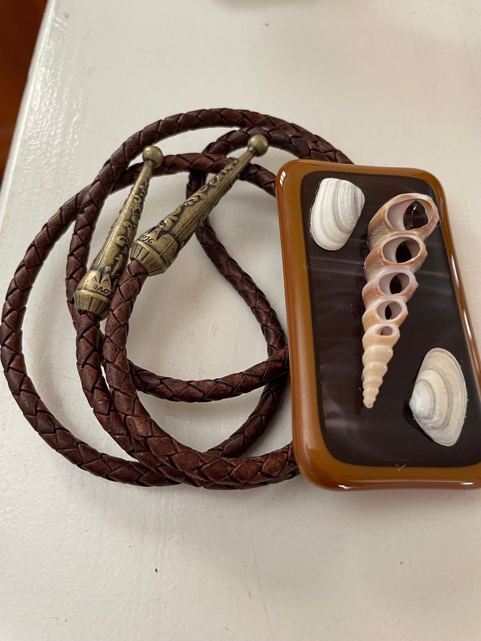 Beachy Bolo! Shell Bolo With Brown and Deep Purple Glass, Adorned With ...