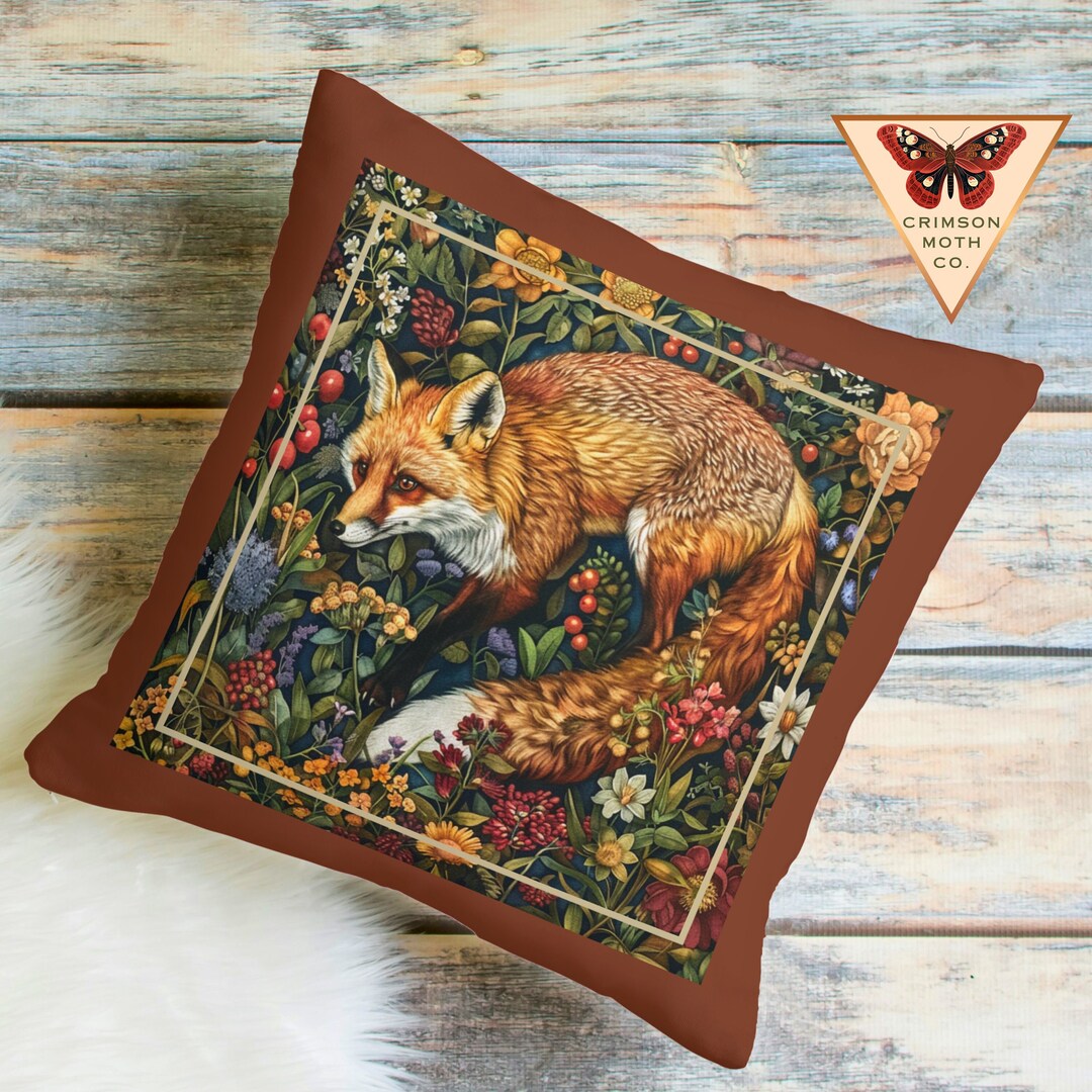 William Morris Red Fox Pillow: Dark Cottagecore Floral Cushion (insert ...