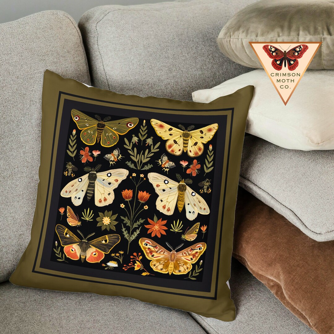 Moths and Flowers Throw Pillow – Vintage Botanical Accent Pillow With ...