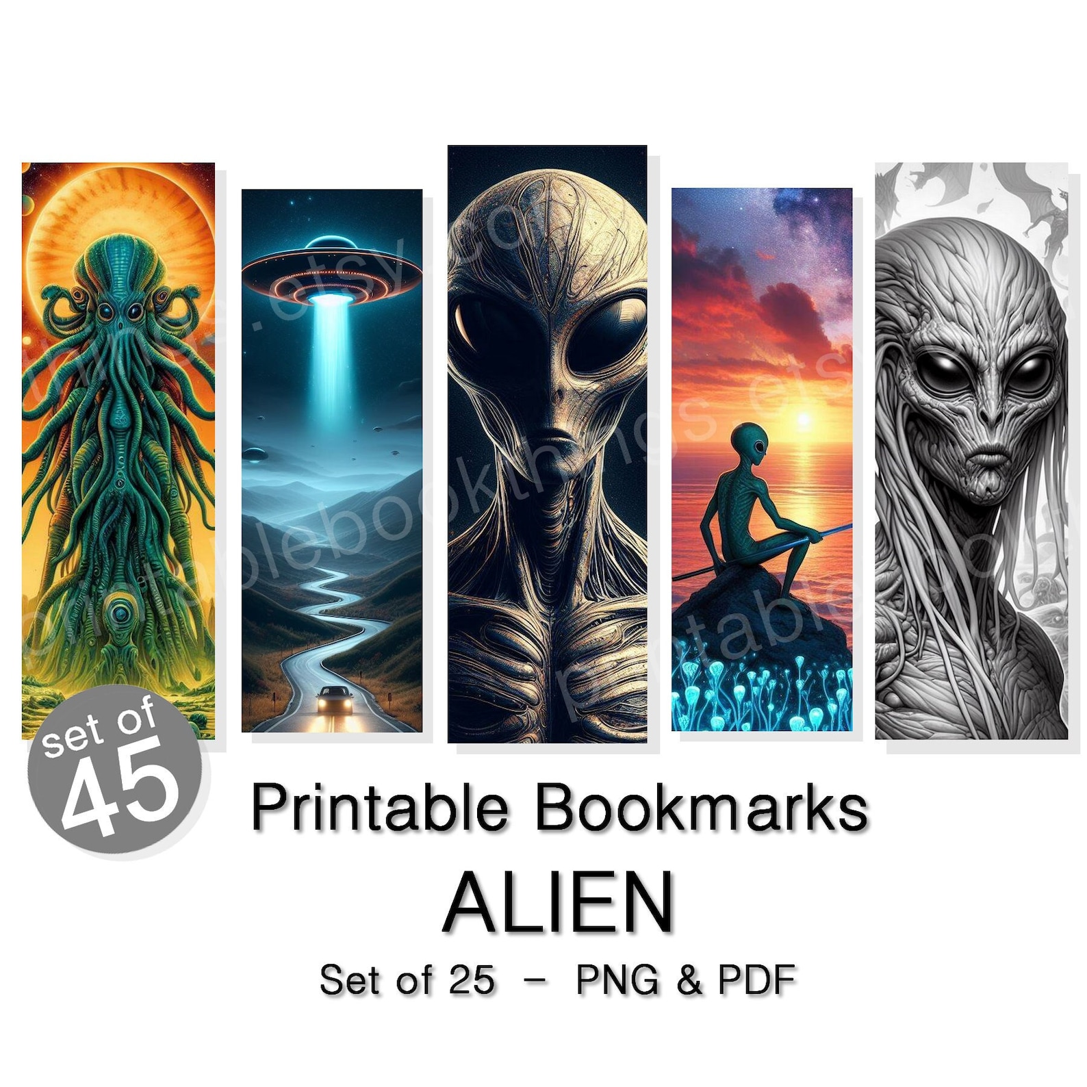 Printable Bookmarks Alien Themed Set of 45 for Book Lover Commercial ...