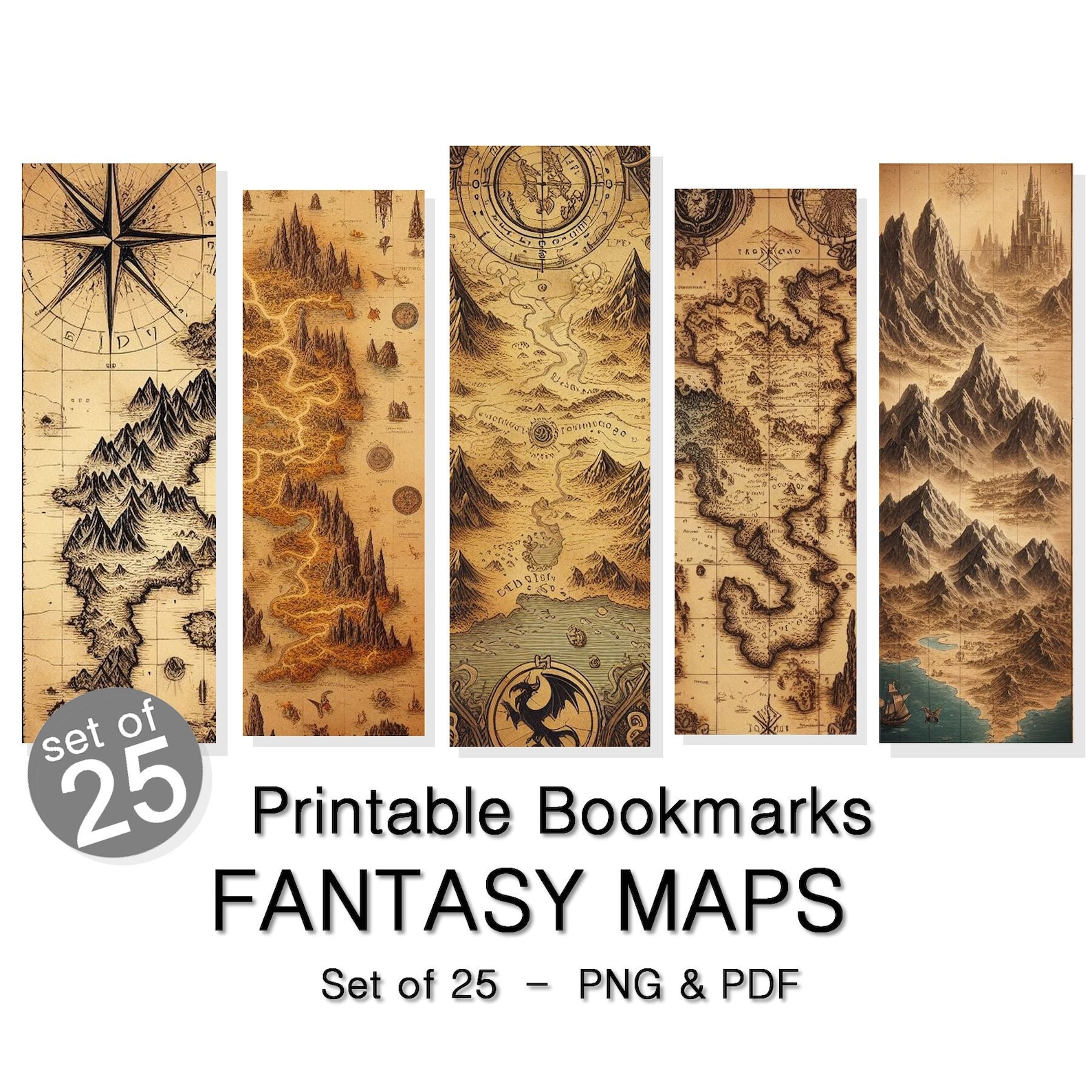 Printable Bookmarks Fantasy Map Themed Set of 25 for Book Lover Commercial Use Sublimation ...