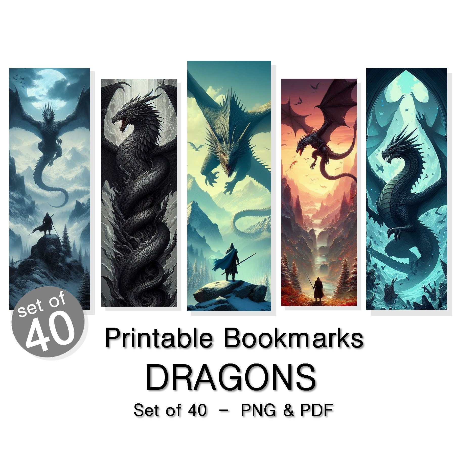 Printable Bookmarks Dragon Themed Set of 40 for Book Lover Commercial ...