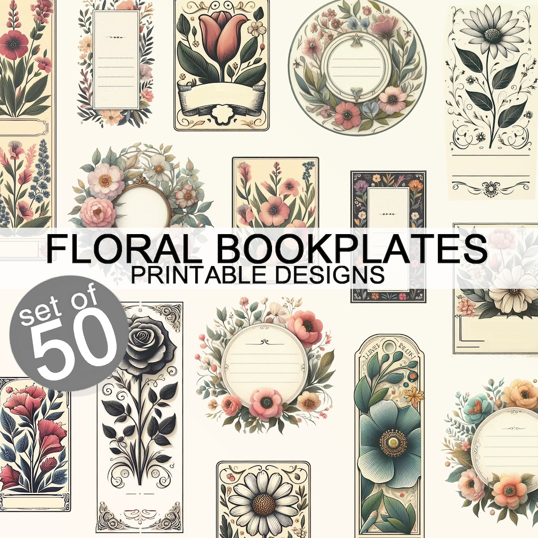 Printable Bookplates Floral Themed Ex Libris Set of 50 Bundle Digital ...