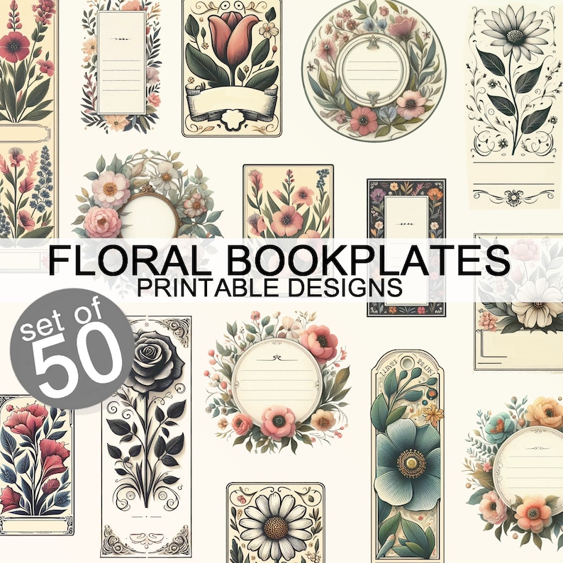 Printable Bookplates Floral Themed Ex Libris Set of 50 Bundle Digital ...