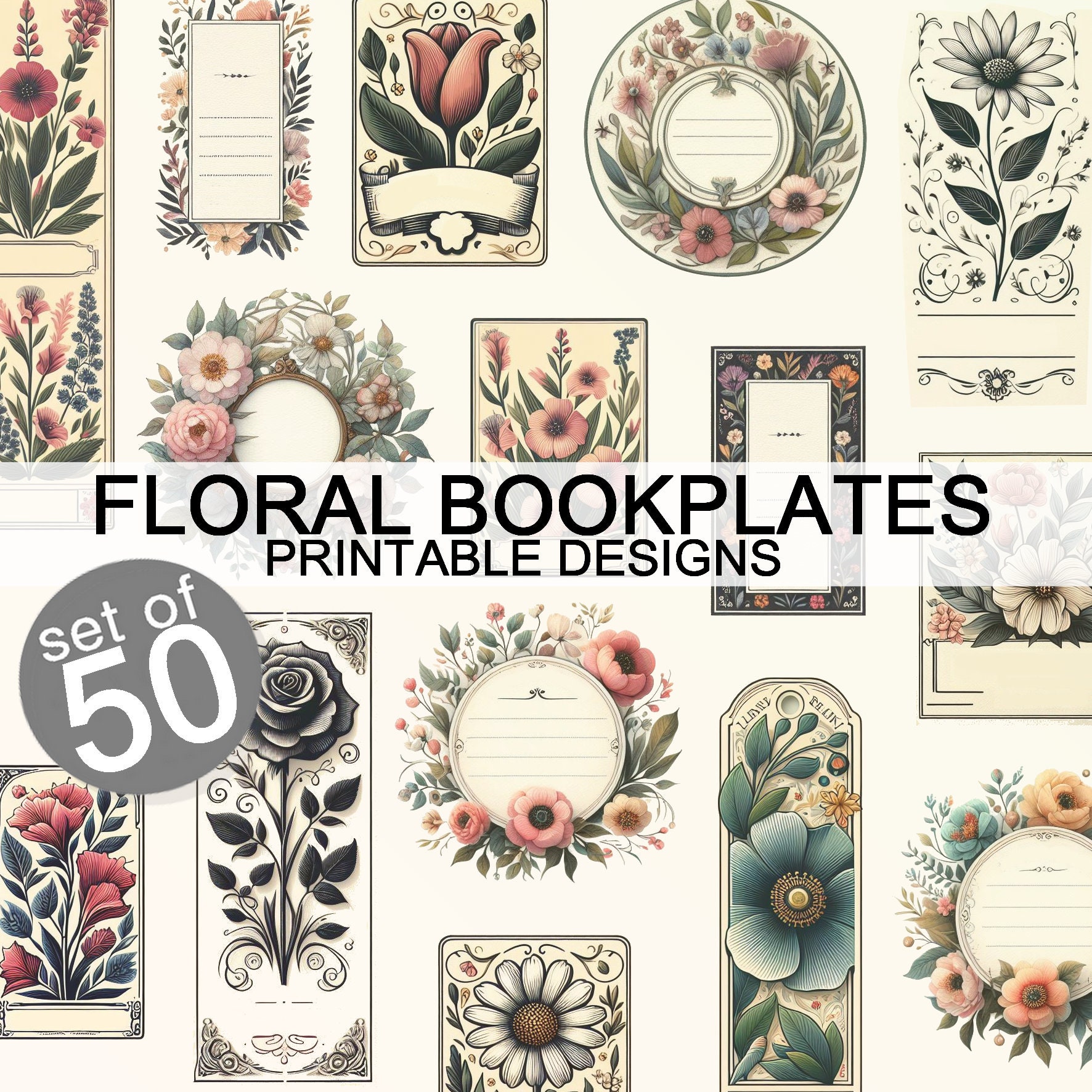 Printable Bookplates Floral Themed Ex Libris Set of 50 Bundle Digital ...